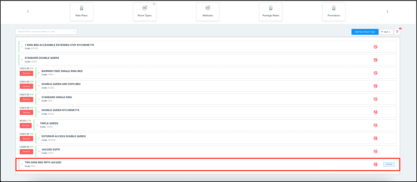 Room Types: Create, Activate, Edit, Deactivate