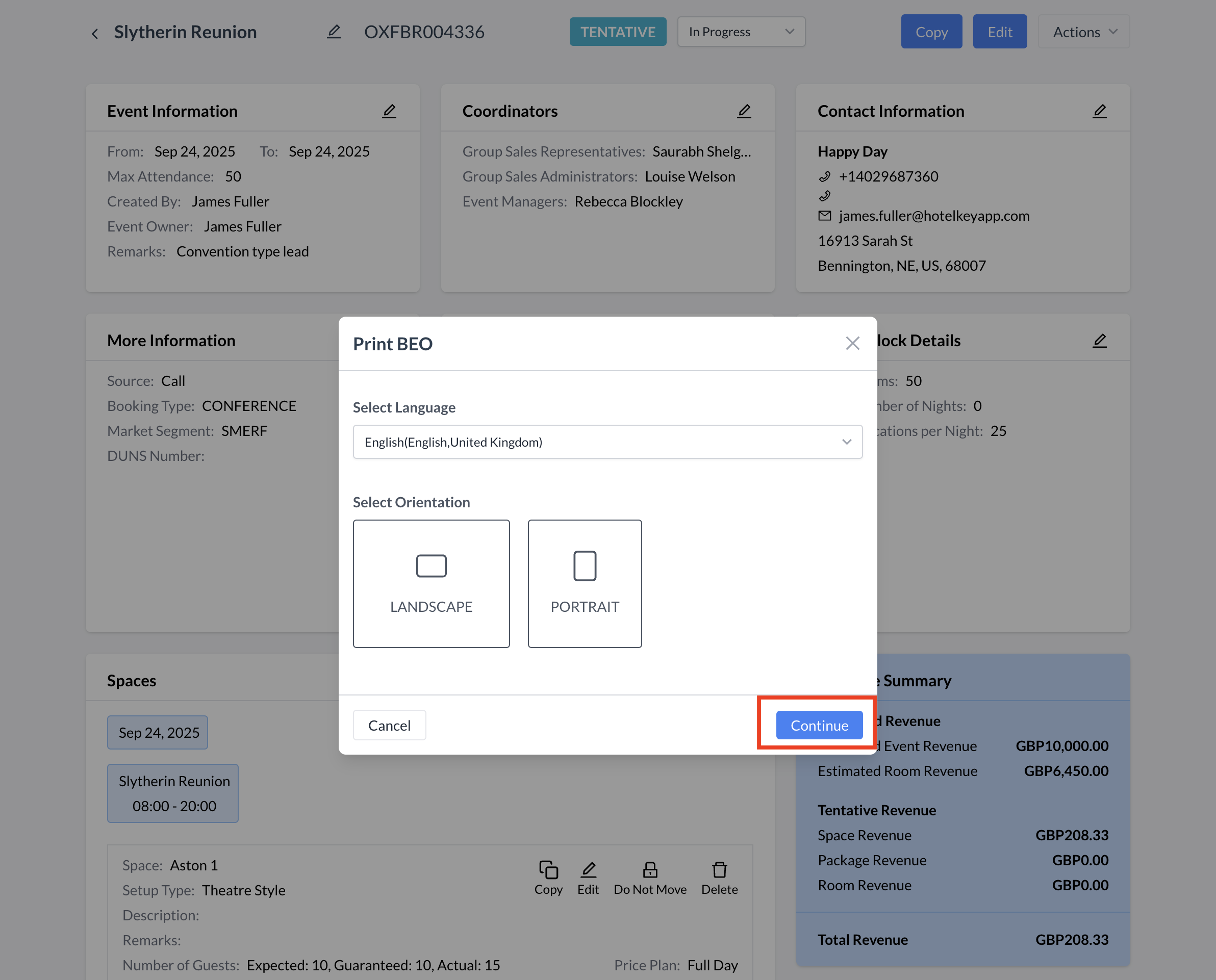 Print Banquet Event Orders (BEO)