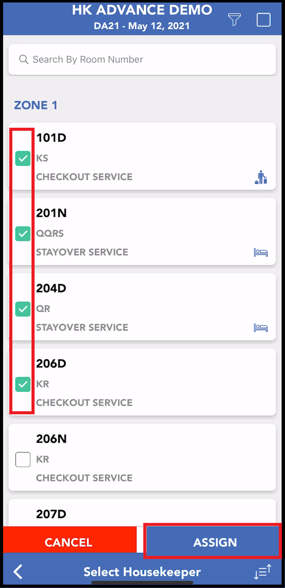 Assign, Reassign Housekeeper by Room Number(s)