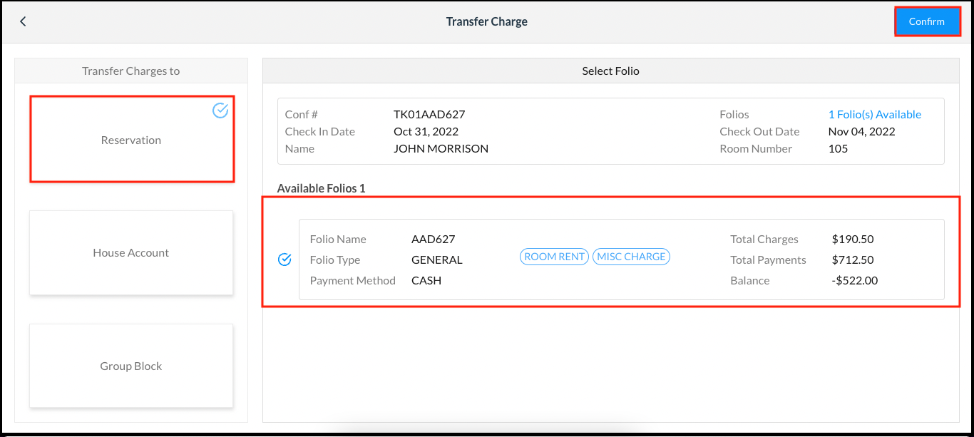 Transfer Charges to a Reservation, House Account, Group Master