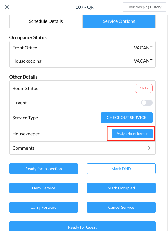 Assign Single Room to a Housekeeper