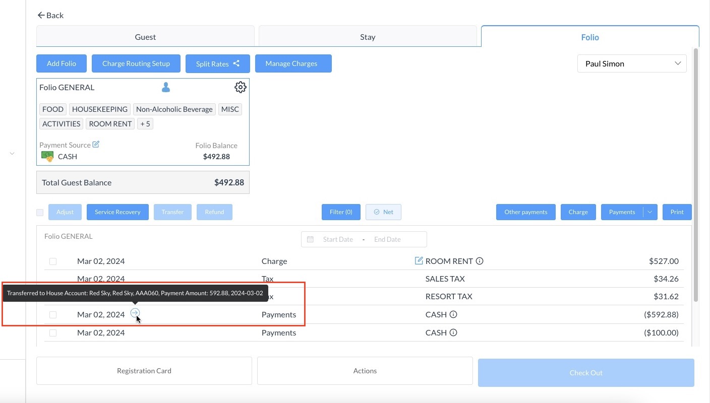 Transfer Payments to a Reservation, House Account or Group Master