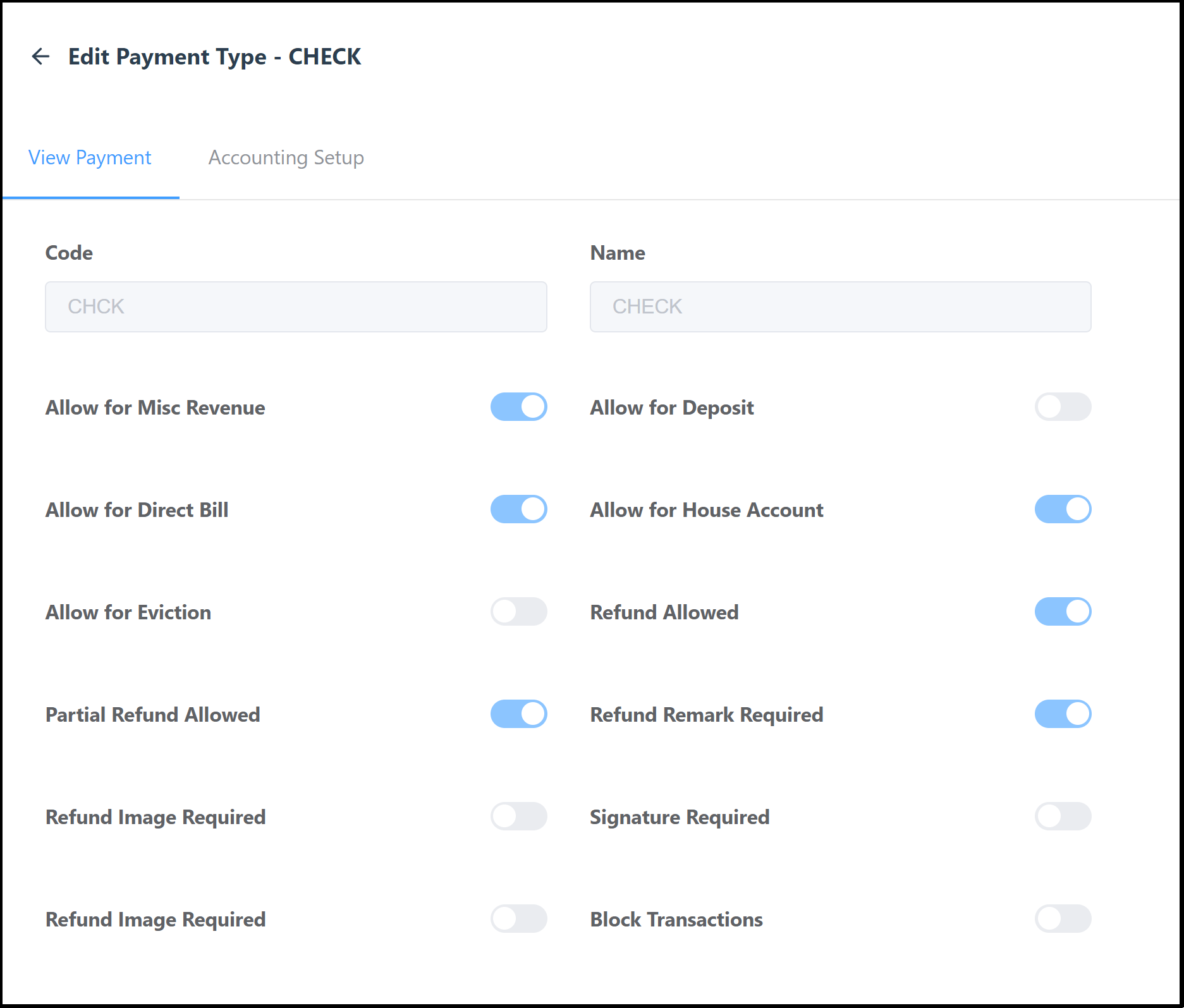 Payment Types Setup