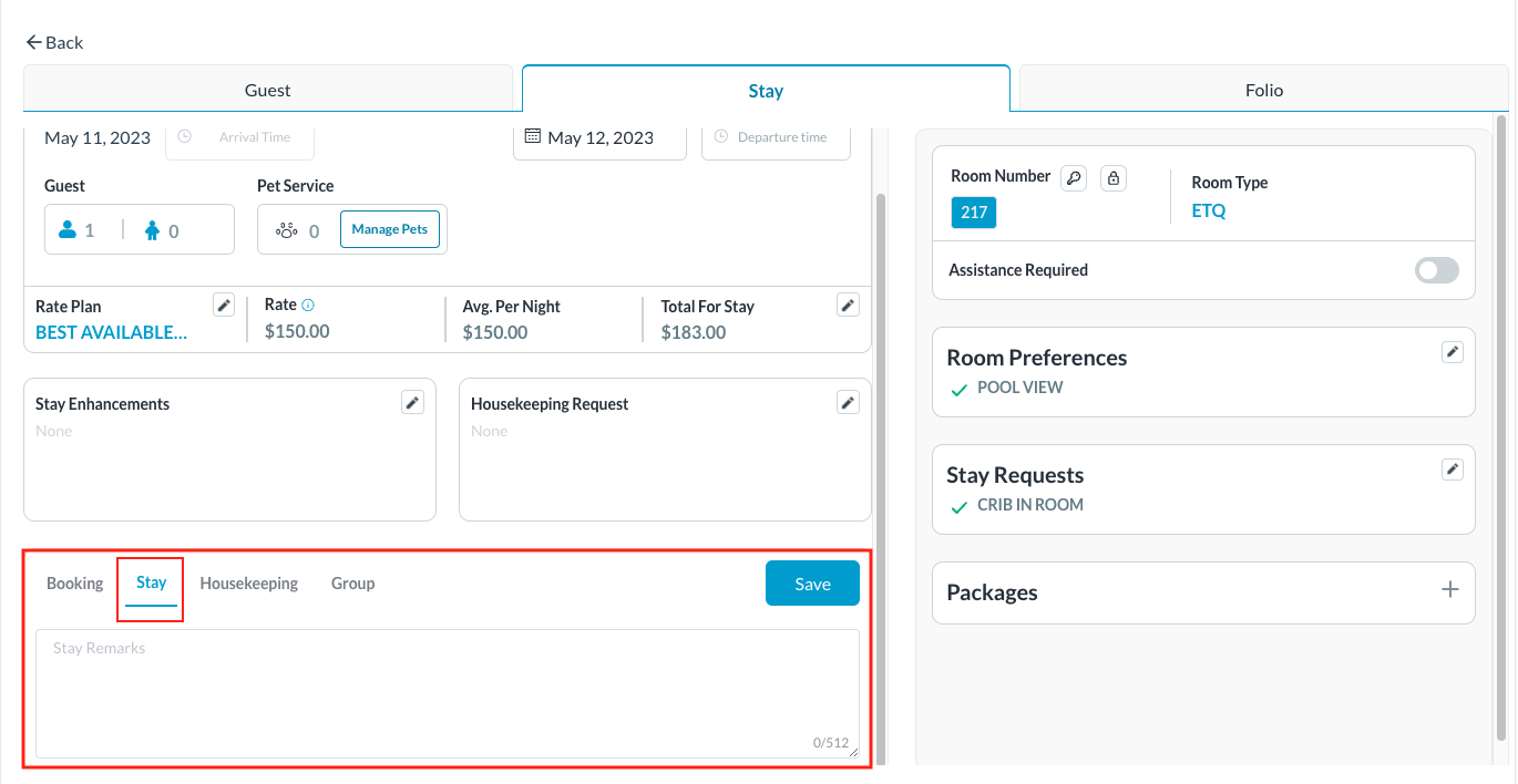 Add a Stay Remark to an In House Reservation