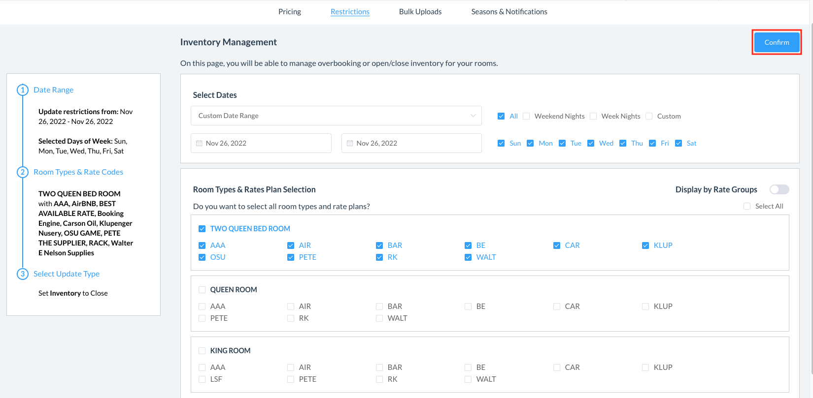 Open/Close Inventory on Rate Plans and Room Types